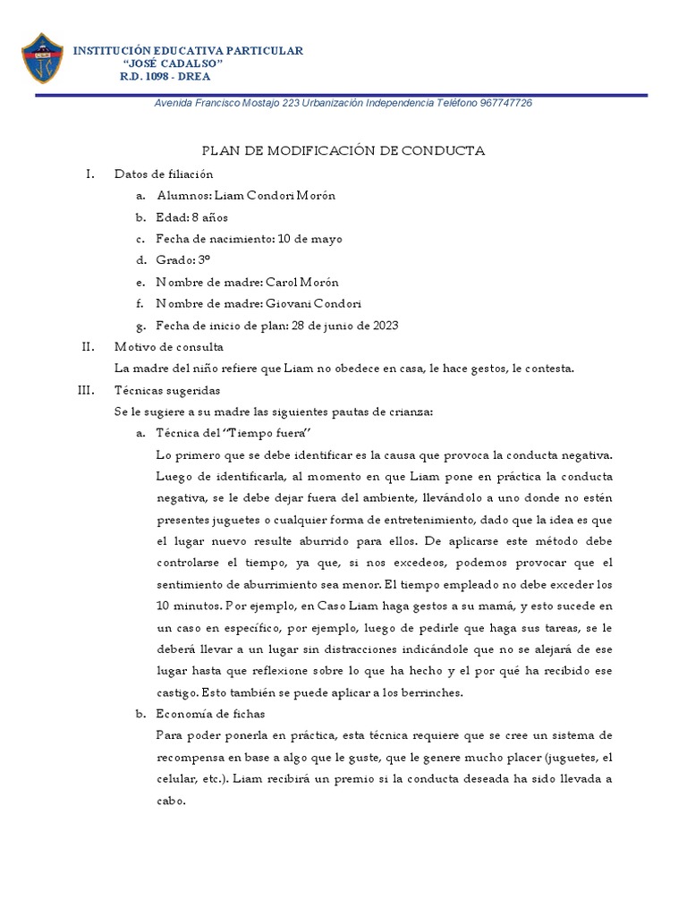 Plan de Modificación de Conducta para Liam | PDF | Comportamiento | Conceptos psicologicos
