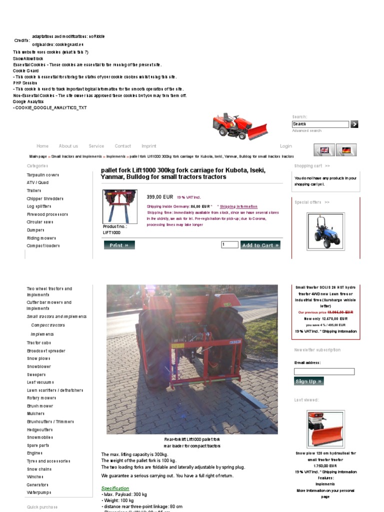 Pallet Fork Lift1000 300kg Fork Carriage For Kubota, Iseki, Yanmar ...