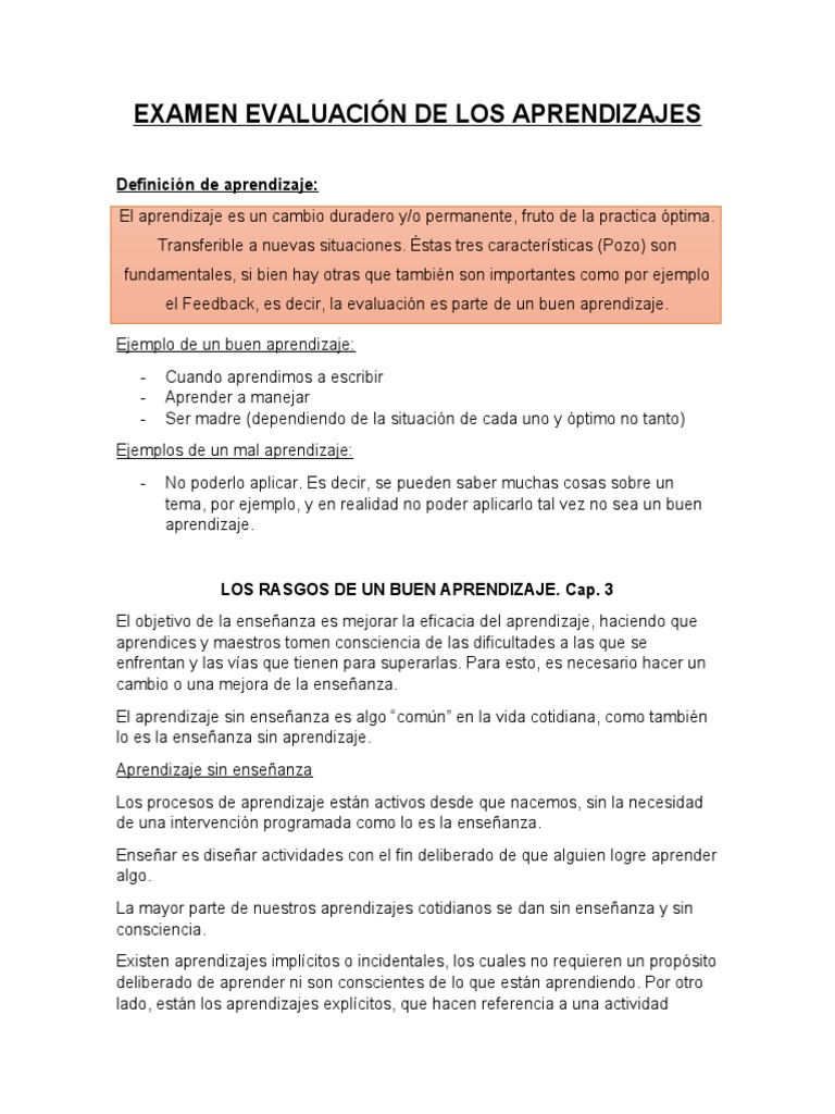 Examen Evaluación De Los Aprendizajes Pdf Evaluación Aprendizaje