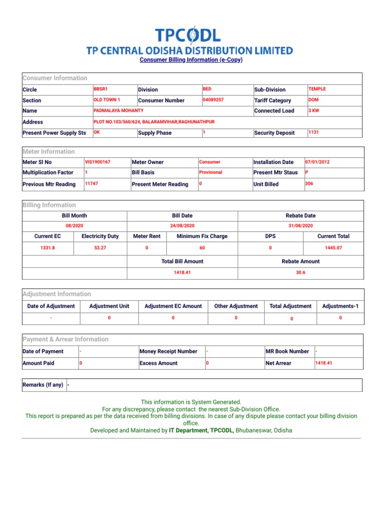 TPCODL - Bill e | Download Free PDF | Electricity | Electrical Engineering