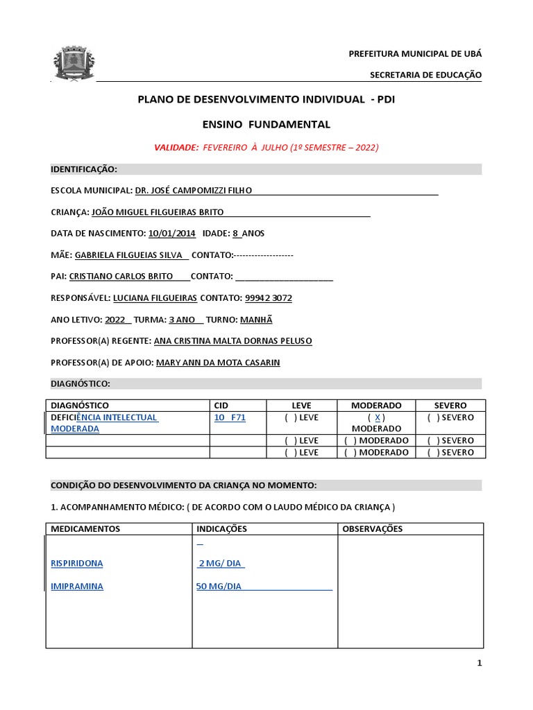2022 - Plano de Desenvolvimento Individual - Pdi - Ensino Fundamental ...