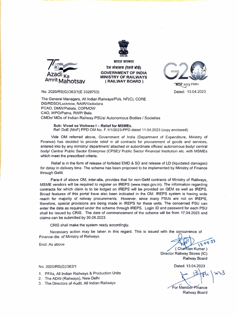 Vivad Se Vishwas I - Letter To Railways and Other Units - 13042023 | PDF