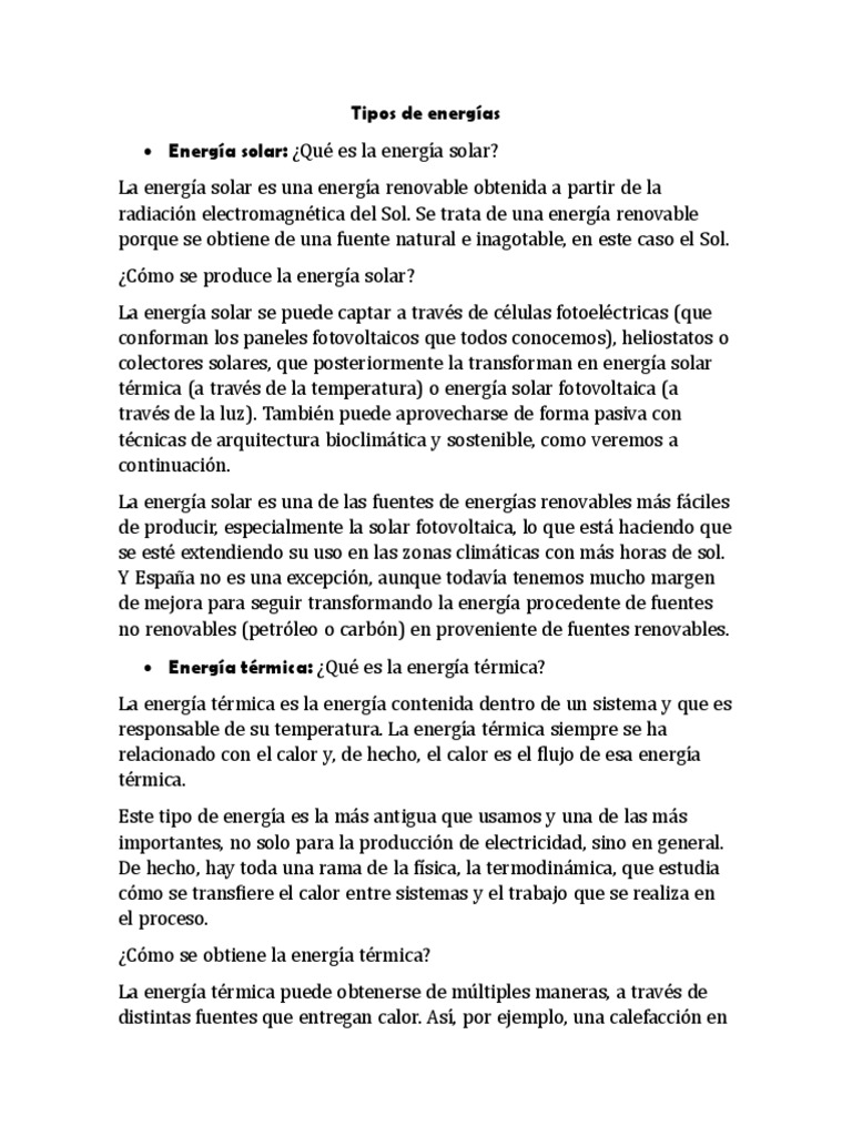 Tipos de Energías | PDF | Energía solar | Energía renovable