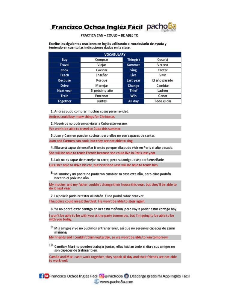 Práctica de Can, Could y Be Able To | PDF