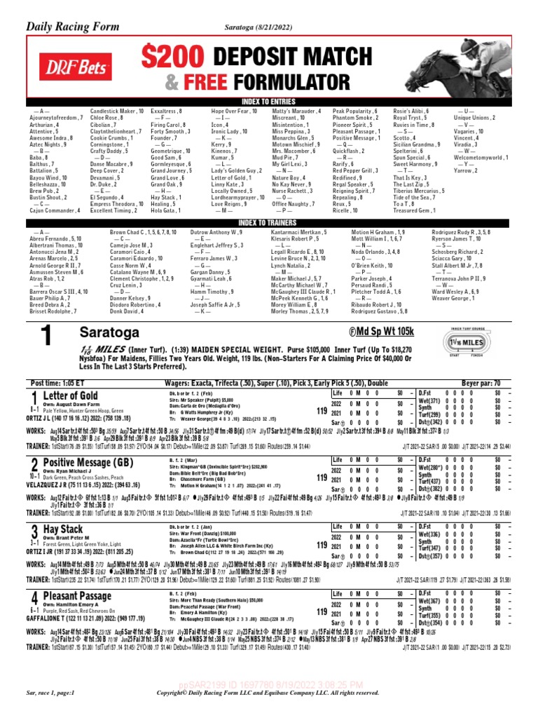 1 - Saratoga DRF QuickSheet | PDF | American Racehorses | Horse Racing