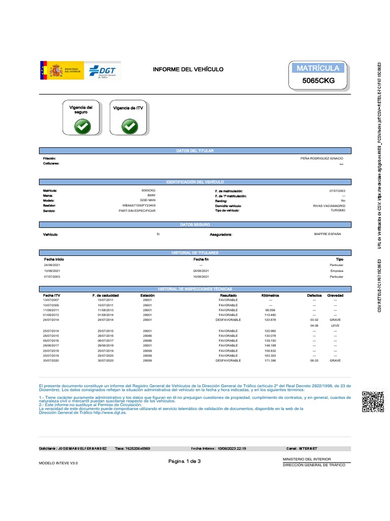 Informe ITV y Datos del Vehículo 5065CKG | PDF | Vehículo de motor ...