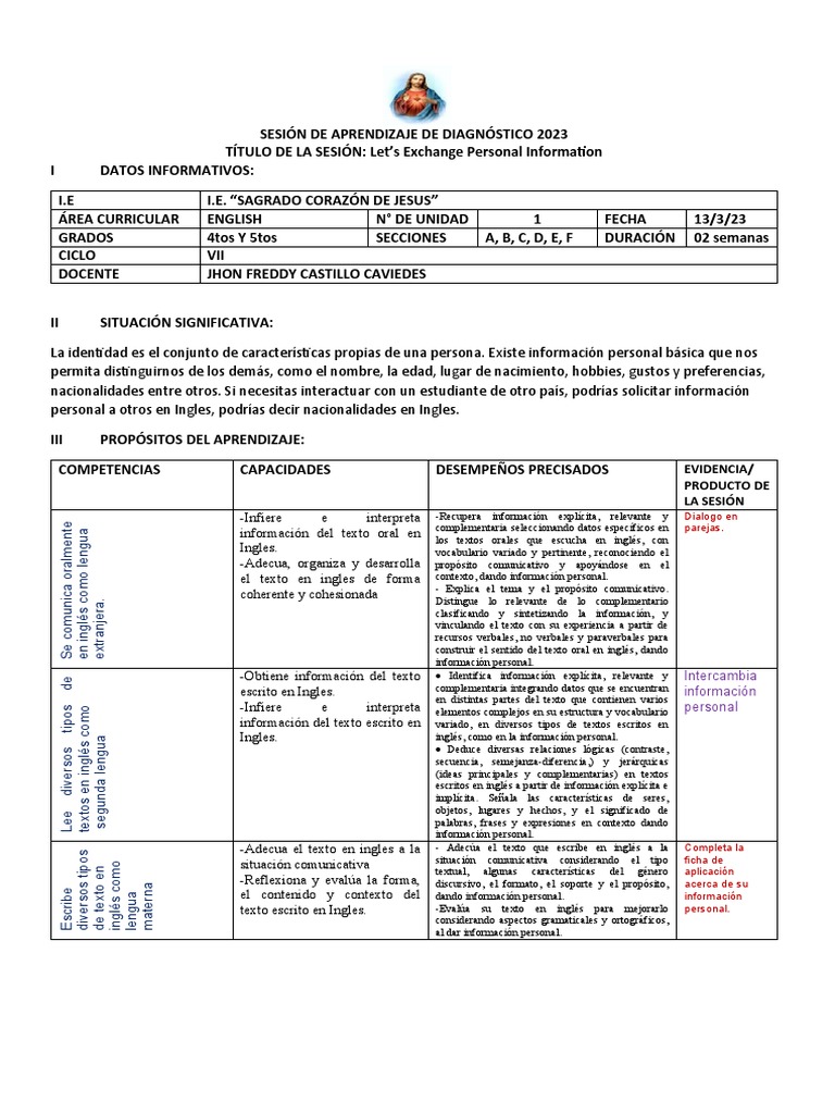 SESIÓN DE APRENDIZAJE Ingles | PDF
