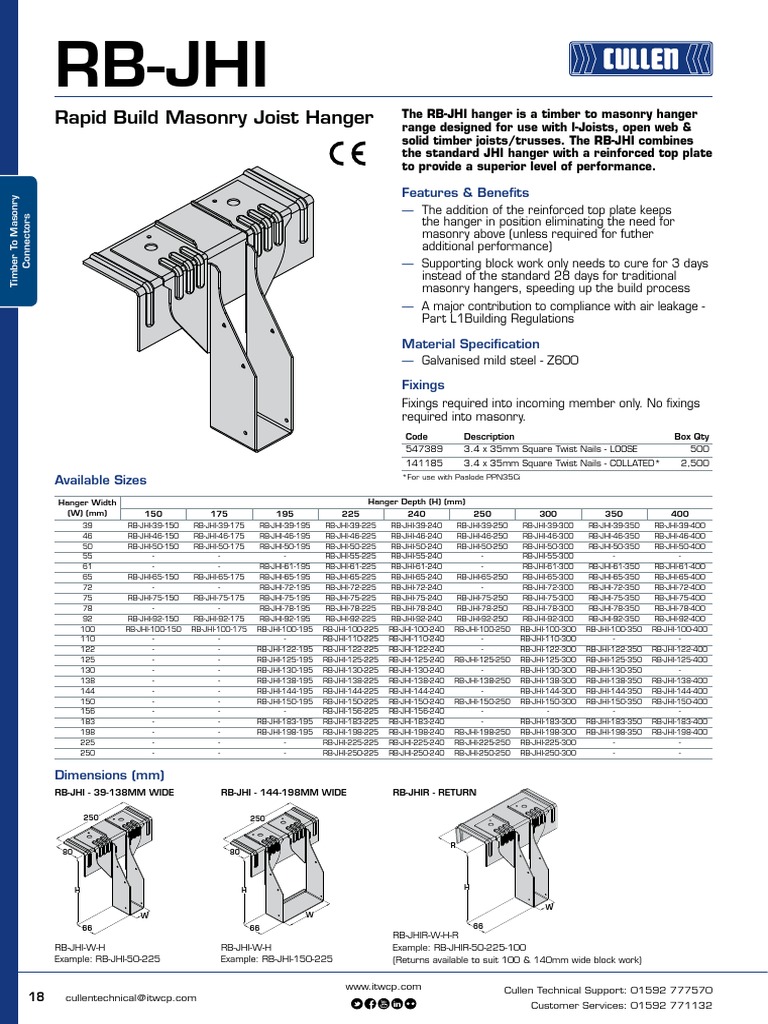 Cullen Technical Guide RB JHI Rapid Build Masonry Joist Hanger | PDF ...