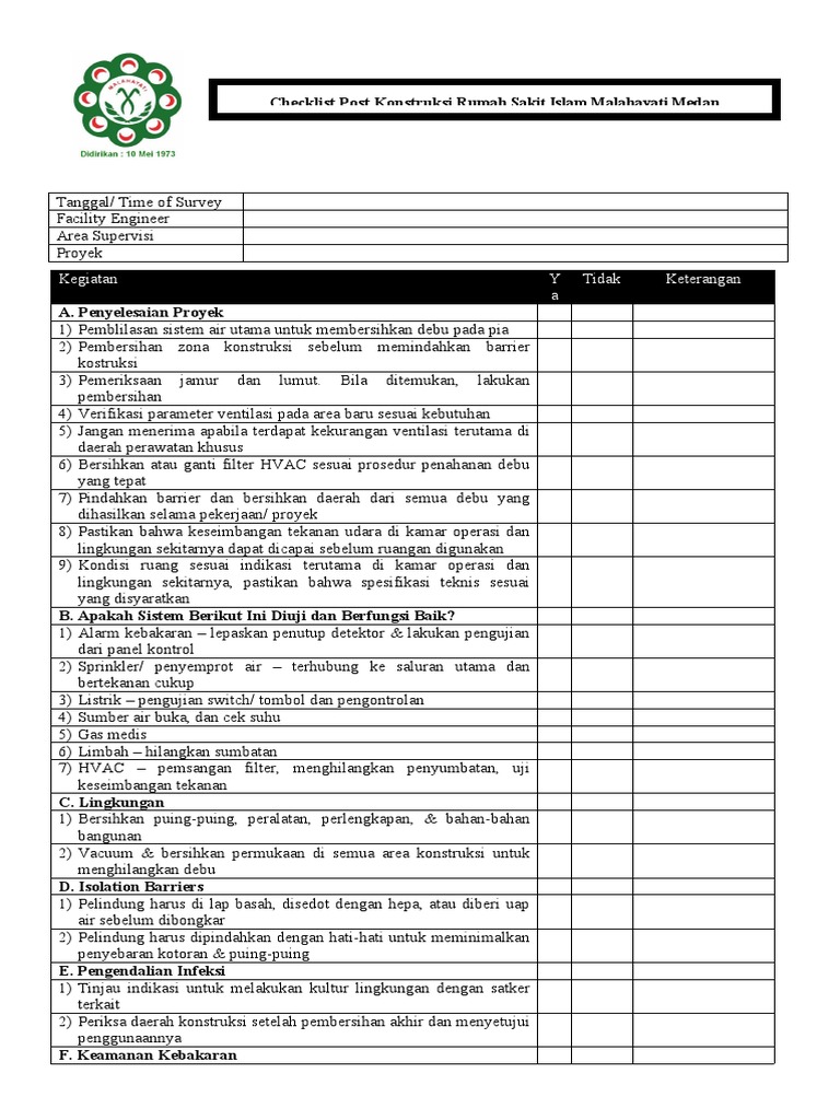 Checklist Konstruksi Rumah Sakit Medan | PDF
