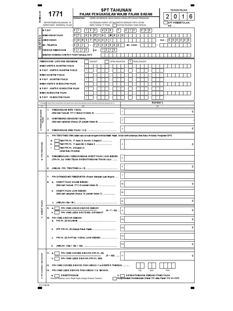 SPT Tahunan PPh Badan 2016 Formulir 1771 | PDF