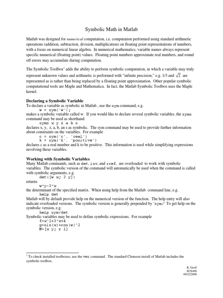 Symbolic Math in Matlab | PDF | Laplace Transform | Matlab