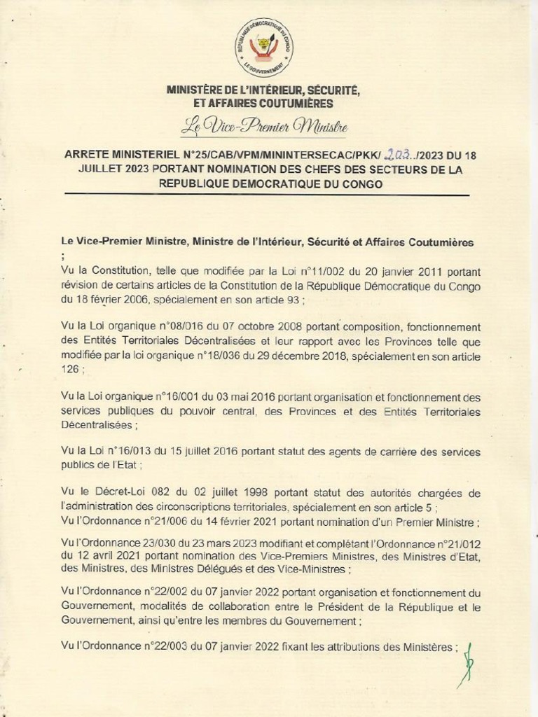 Arrete Ministeriel N - 25 - Cab - VPM - Minintersecac - PKK - 203 ...