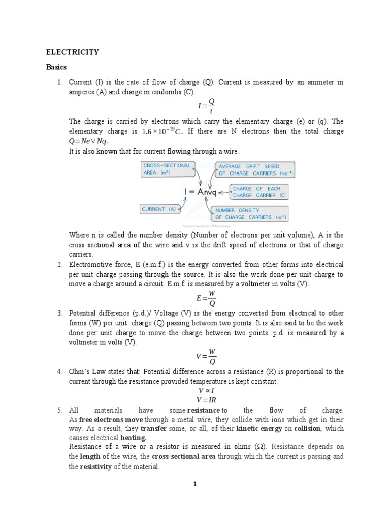 Electricity Notes | PDF | Voltage | Electrical Resistance And Conductance