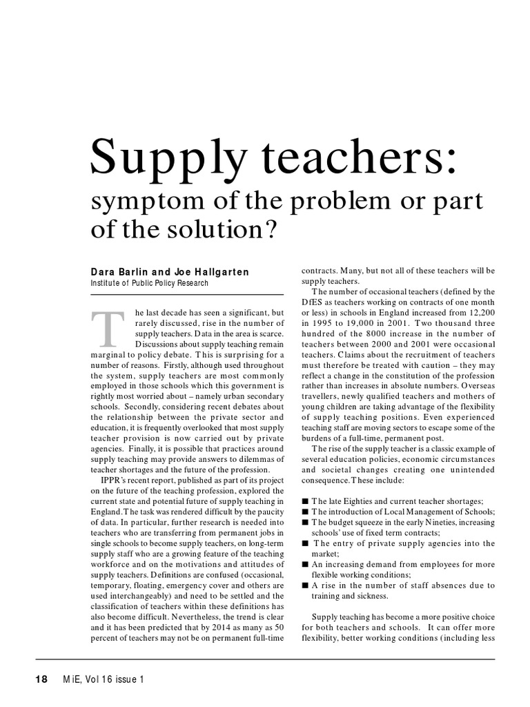 Barlin Hallgarten 2002 Supply Teachers Symptom of The Problem or Part of The Solution | PDF ...
