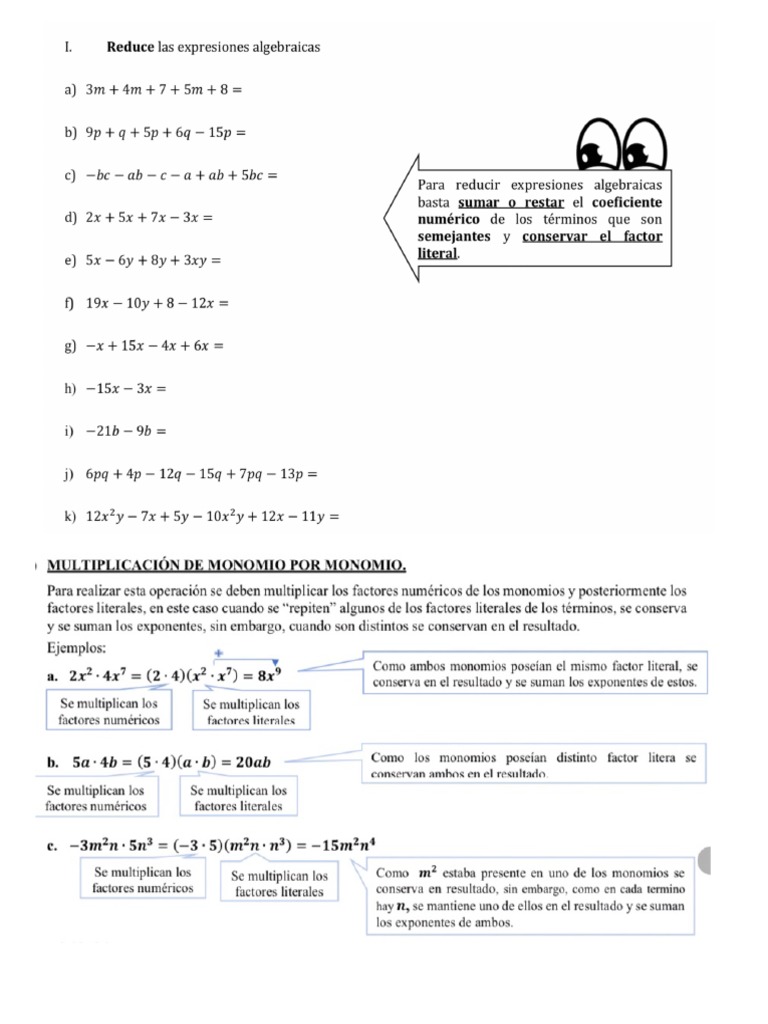Guía Multiplicación Expresiones Algebraicas | PDF