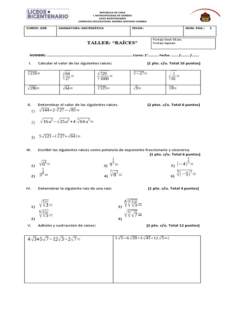 Taller Raíces 2°ab | PDF | Matemáticas | Aritmética
