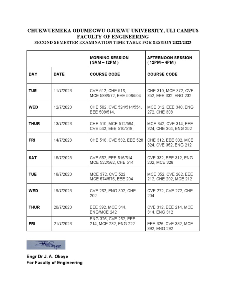 Engineering Dept Secondsemester II Exam Time Table | PDF