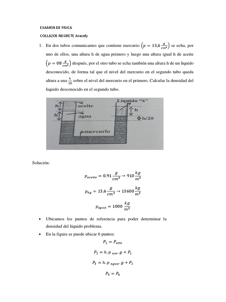 Examen Fisica Ejercicio 2 | PDF | Líquidos | Física Aplicada e ...