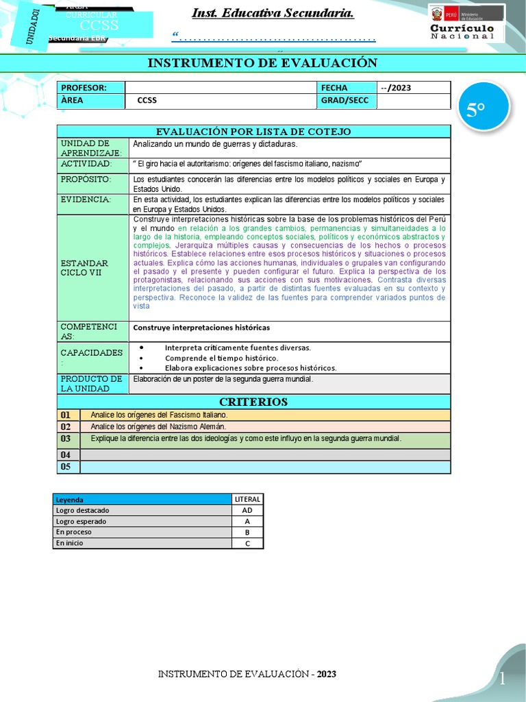 Cotejos 5° CCSS Semana 01 | PDF | Evaluación