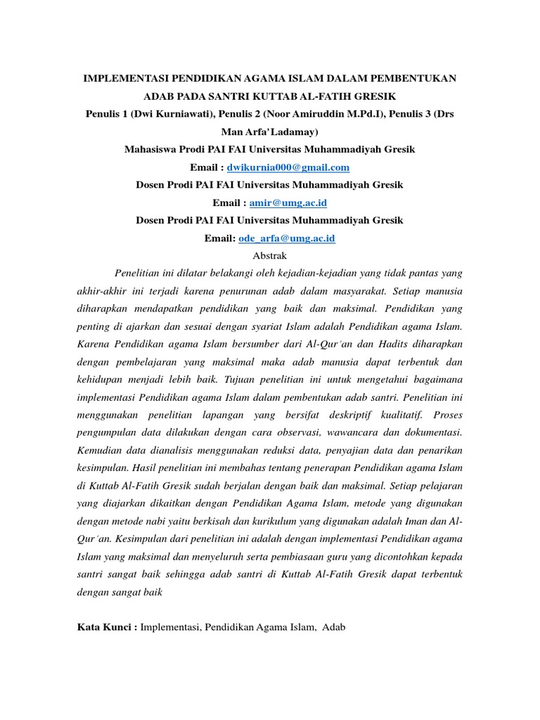 Jurnal Implementasi Pendidikan Agama Islam Dalam Pembentukan Adab | PDF