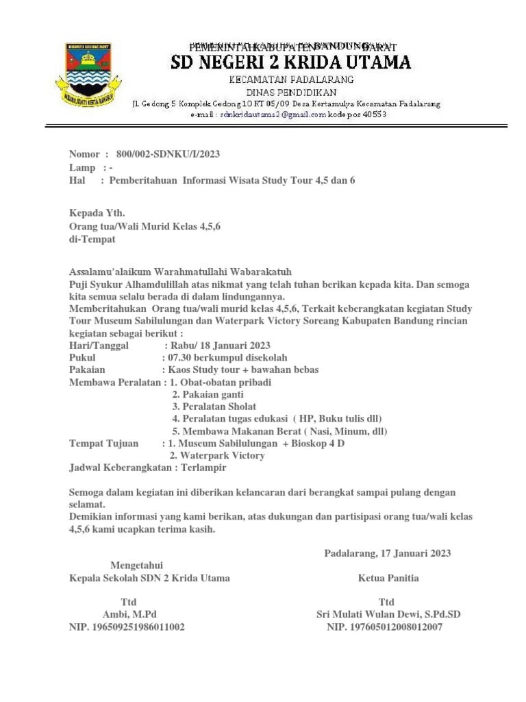 Surat Pemberitahuan Study Tour | PDF