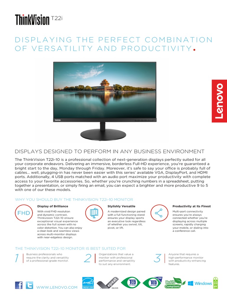 ThinkVision T22i Datasheet EN | PDF | Computer Monitor | Imaging