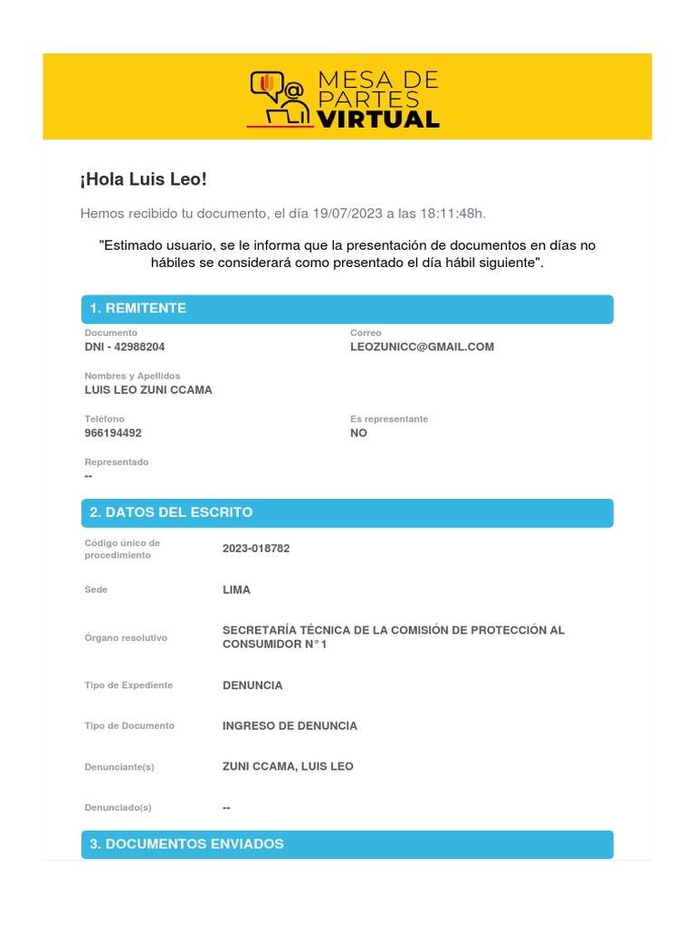 ¡Hola Luis Leo!: Hemos Recibido Tu Documento, El Día 19/07/2023 A Las 18:11:48h | PDF