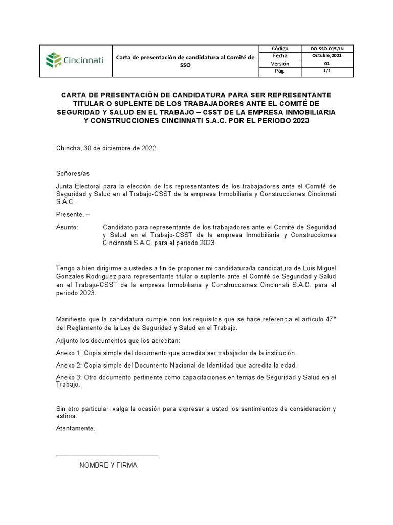 DO-SSO-015-IN Carta de Presentación de Candidatura Al Comité de SST | PDF