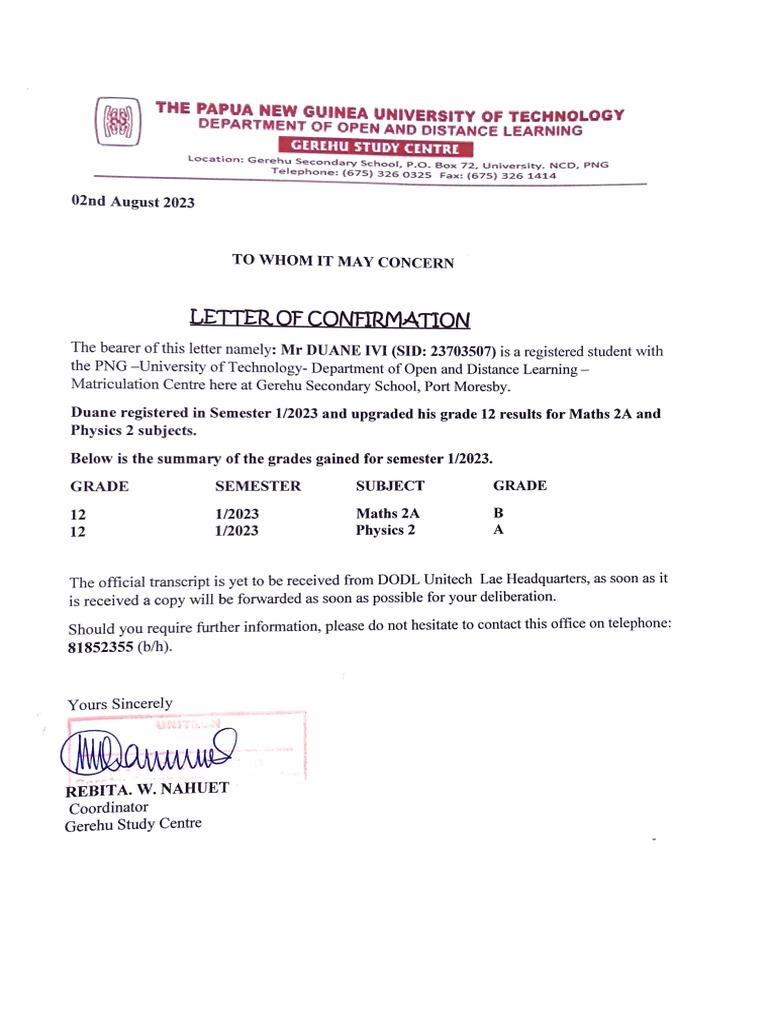 Transcript Confirmation Letter | PDF