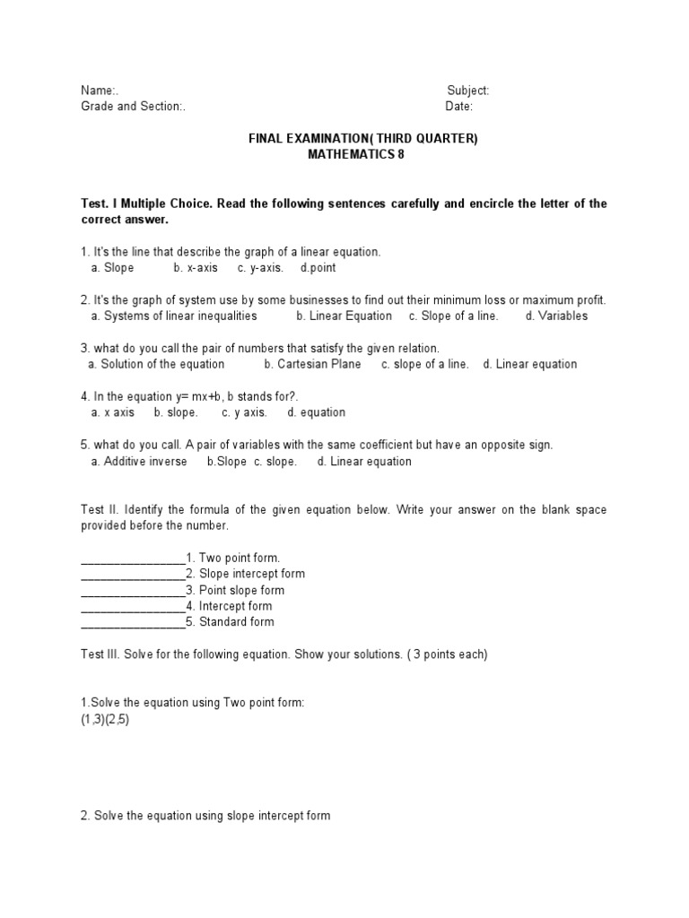 Final Examination (Third Quarter) Math | PDF