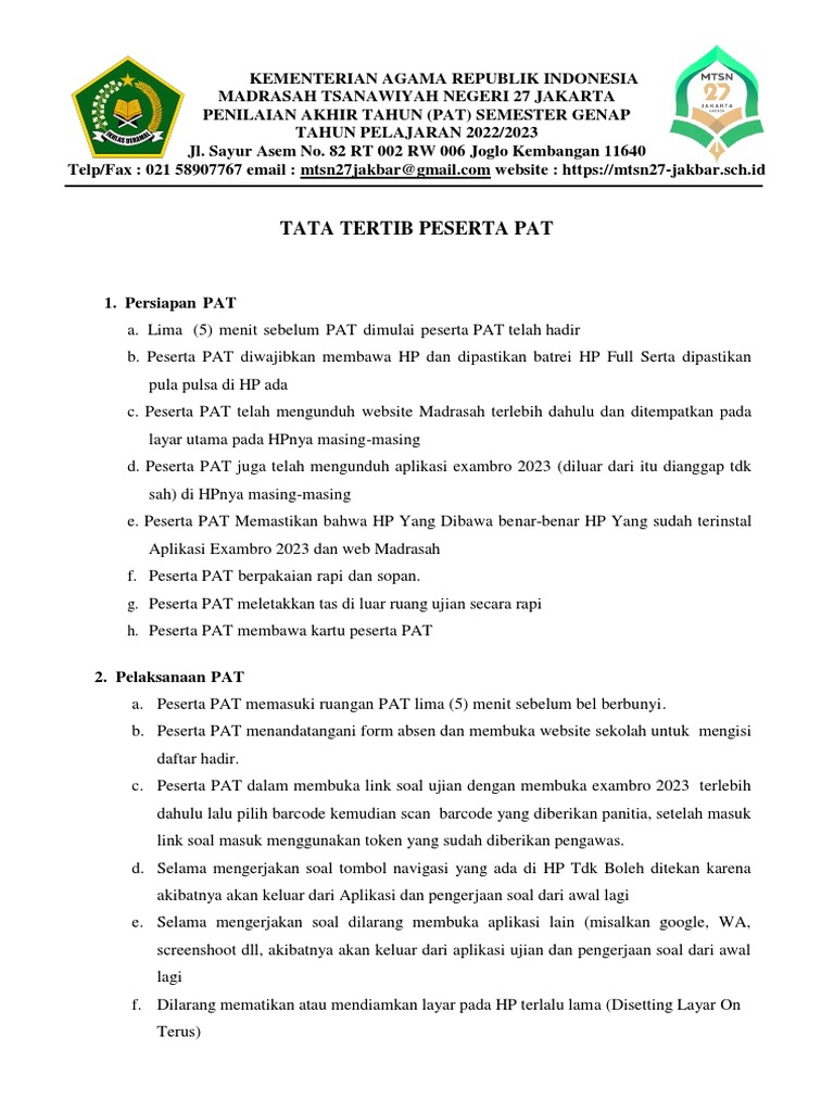 Tata Tertib Peserta Ujian Pat 2023 | PDF