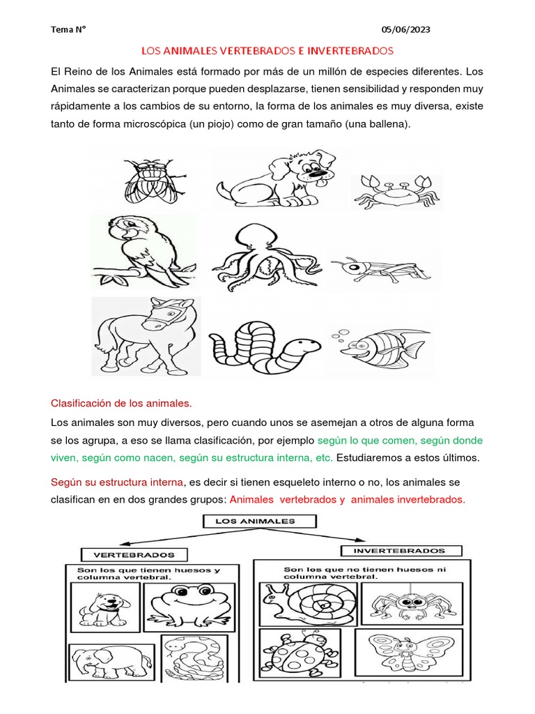 Tema LOS ANIMALES Vertebrados e Invertebrados. | PDF