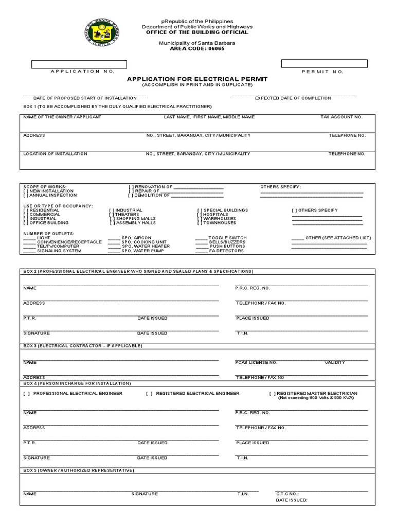 Electrical Permit Application Form | PDF | Telephone | Manufactured Goods