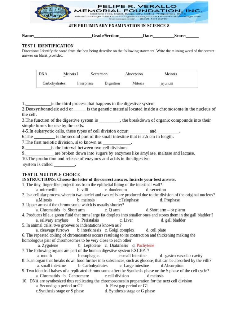 Grade 8 Science TQ 4th Prelim | PDF | Meiosis | Digestion