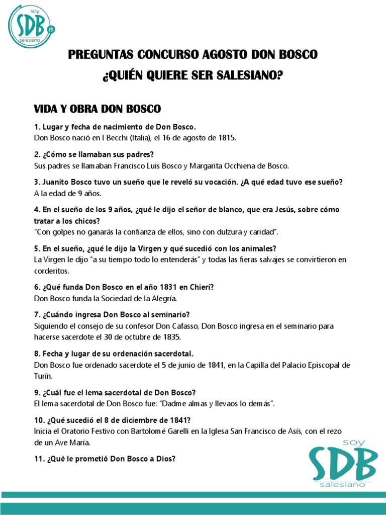 Preguntas Concurso Agosto Don Bosco | PDF | Iglesia Católica | Órdenes y sociedades católicas