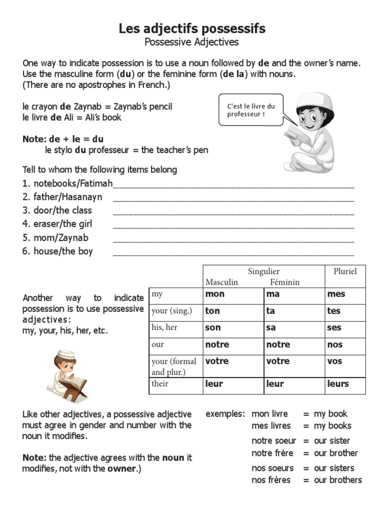 Review Les Adjectifs Possessifs | PDF | Grammatical Gender | Semantics