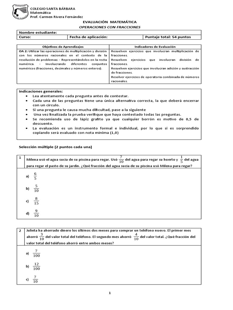 Evaluación de Operaciones en El Conjunto de Los Racionales. | Descargar ...