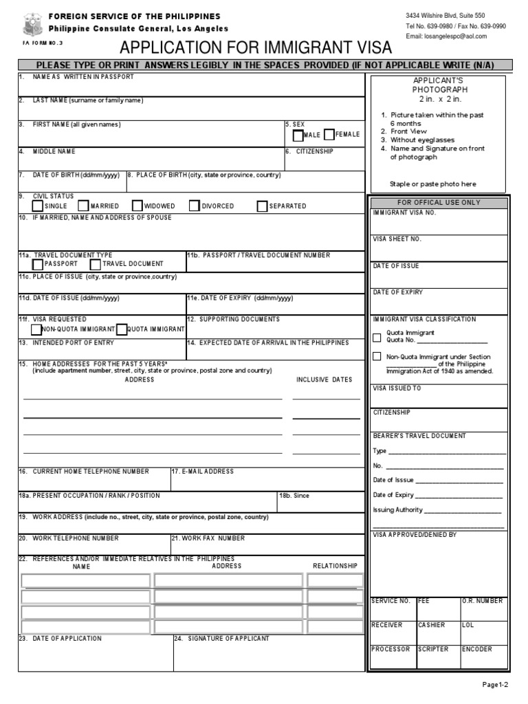 FA Form No. 3 Immigrant Visa Application | PDF | Travel Visa | Notary ...