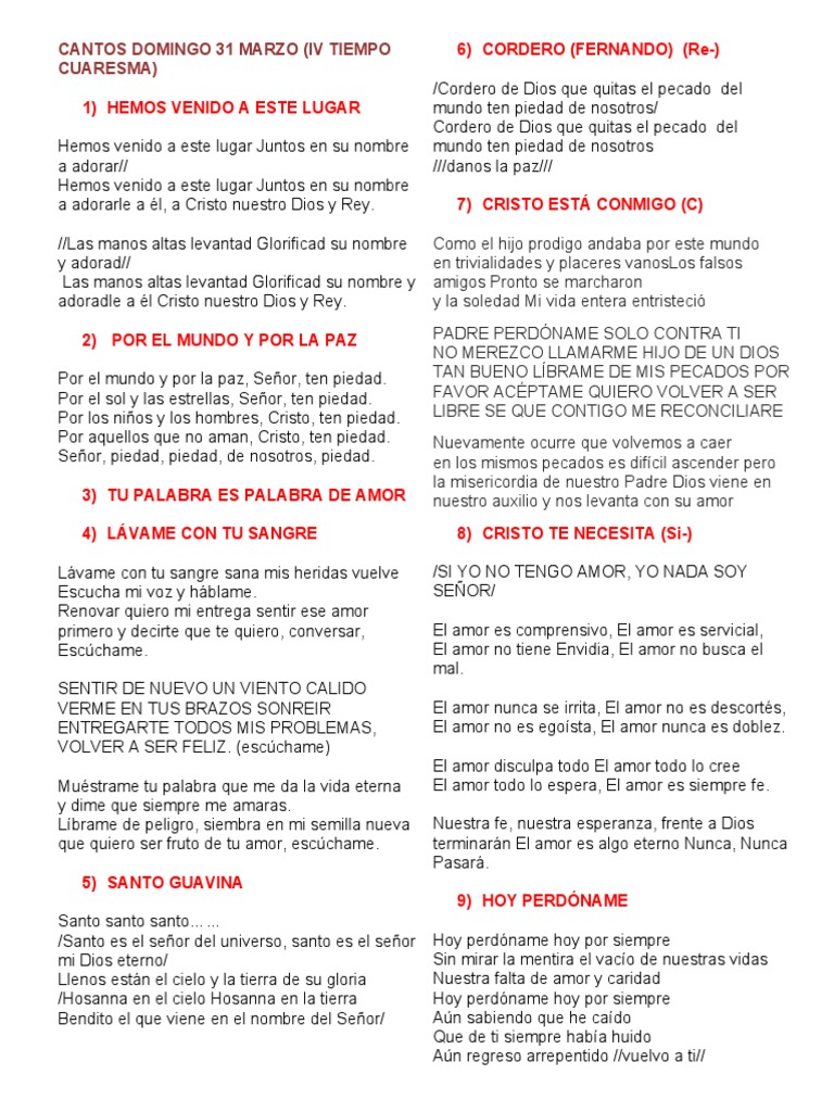 Cantos Domingo 31 Marzo (Ivtiempo Cuaresma) | PDF | Amor | Pecado