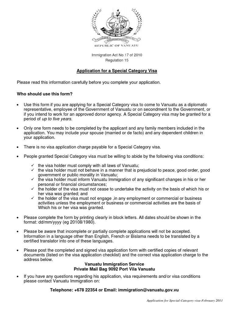 Application For Special Category Visa VANUATU | PDF | Travel Visa ...