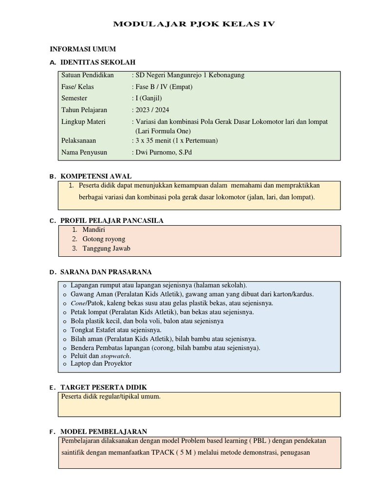 Rencana Aksi 1 - Modul Ajar Atletik (Lari Formula One) | PDF
