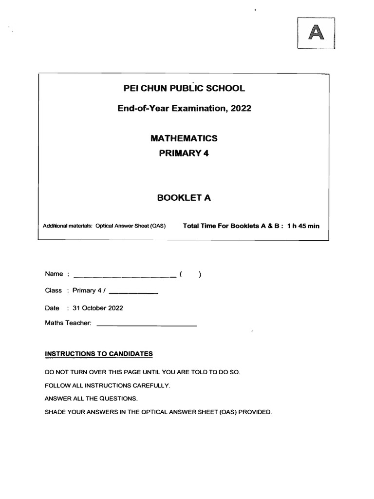 P4 Maths EOY 2022 PeiChun Exam Papers | PDF