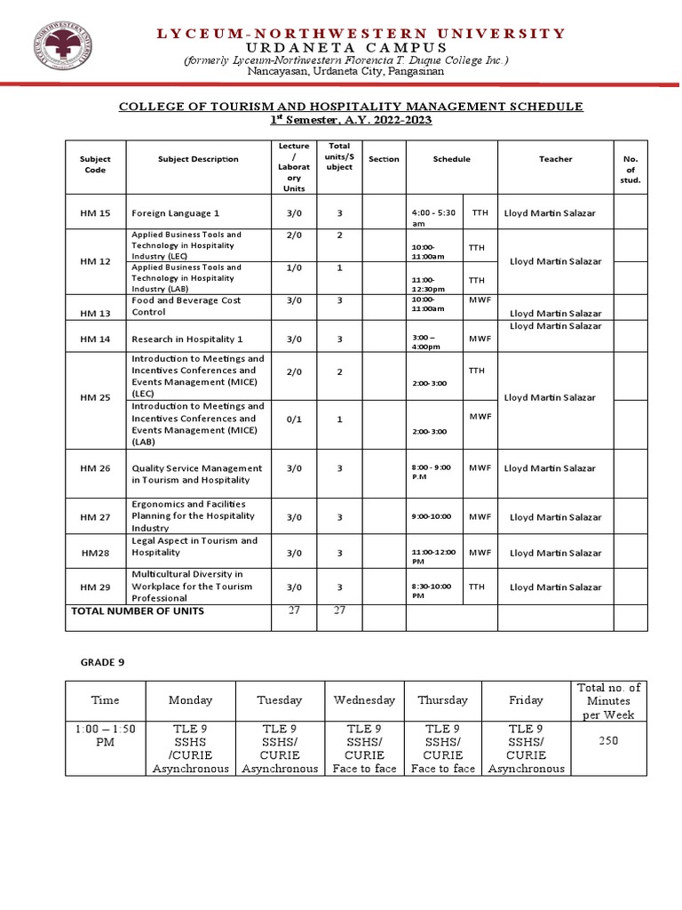 CHTM 1ST Year 2022-2023 Sched | PDF