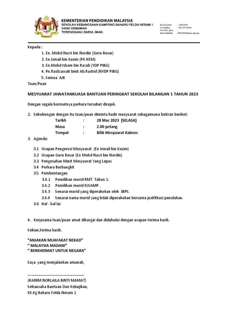 Surat Panggilan Bantuan Sekolah Bilangan 1 2023 | PDF