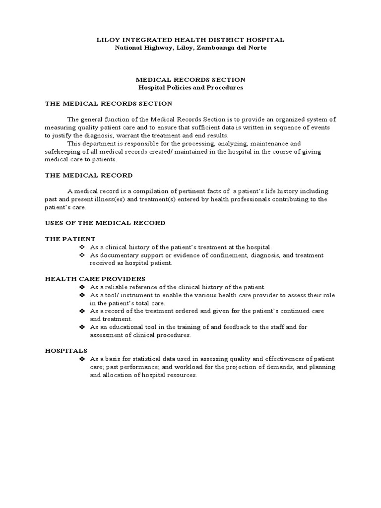 Medical Records at Liloy Hospital | PDF | Medical Record | Medical ...