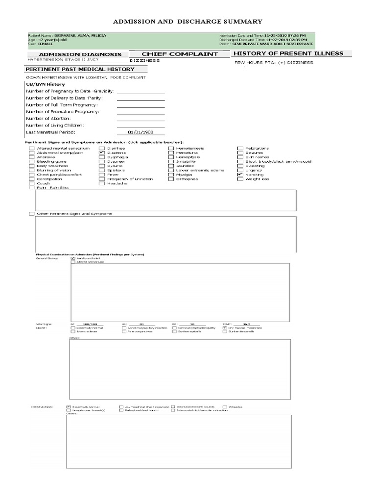 ADMISSION AND DISCHARGE SUMMARY SAMPLE | PDF