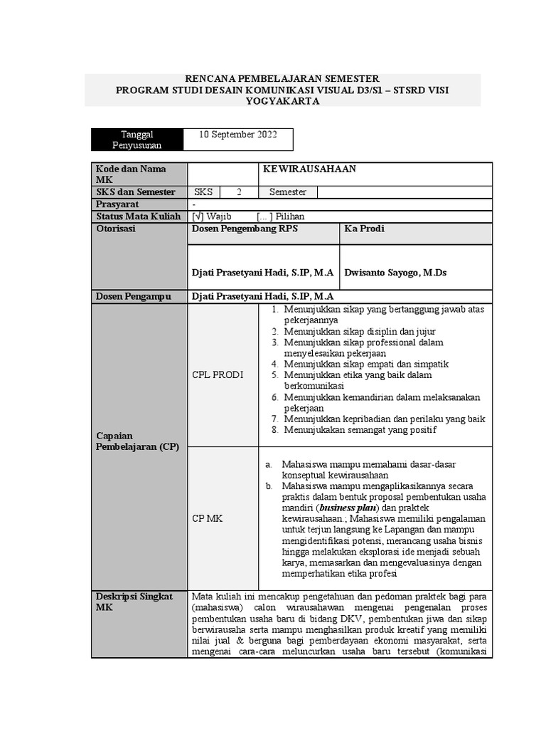 RPS Kewirausahaan Semester Ganjil 2022-2023 | PDF | Seni