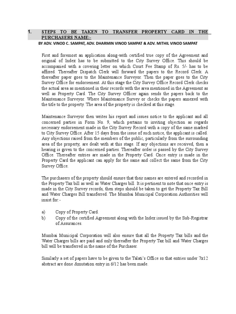 Steps Tobe Taken To Transfer Property Card Inthe Name Purchase | Download Free PDF | Justice ...