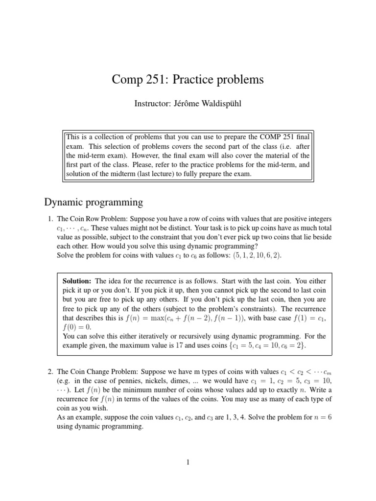 Practice Final COMP251 With Answers W2017 | Download Free PDF | Dynamic Programming | Mathematics