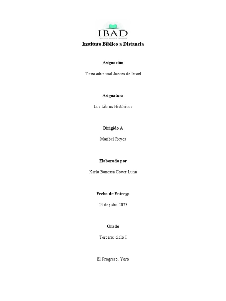 Tarea Adicional Jueces de Israel Los Libros Historicos | PDF | Sansón | Libros de la Biblia hebrea